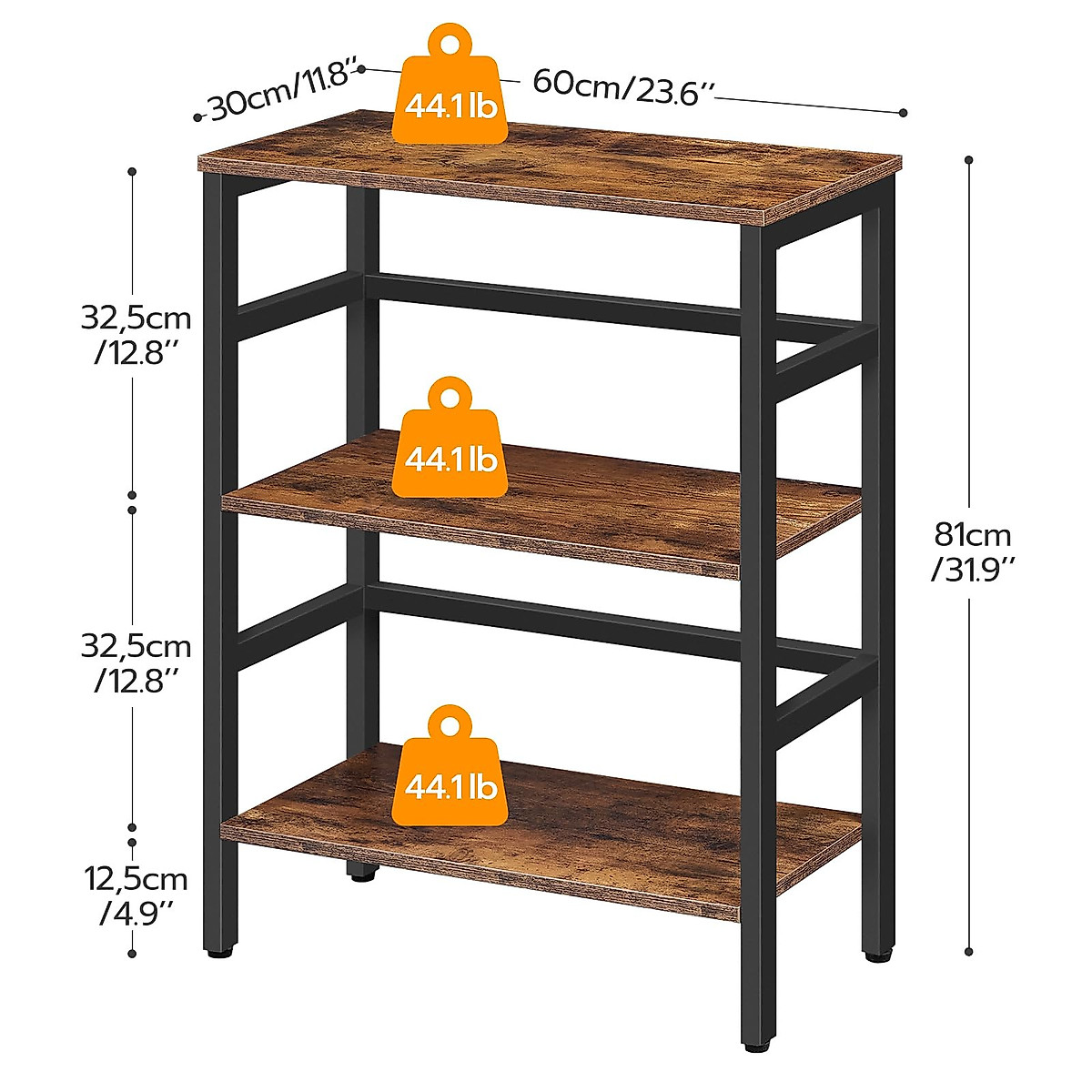 HOOBRO 3 Tier Bookshelf, 23.6"L Industrial Bookcase, Record Storage Rack with Side Fence, Wood Storage Shelf with Metal Frame, Rustic Open Display Shelf for Living Room, Bedroom, Rustic Brown BF86CJ01