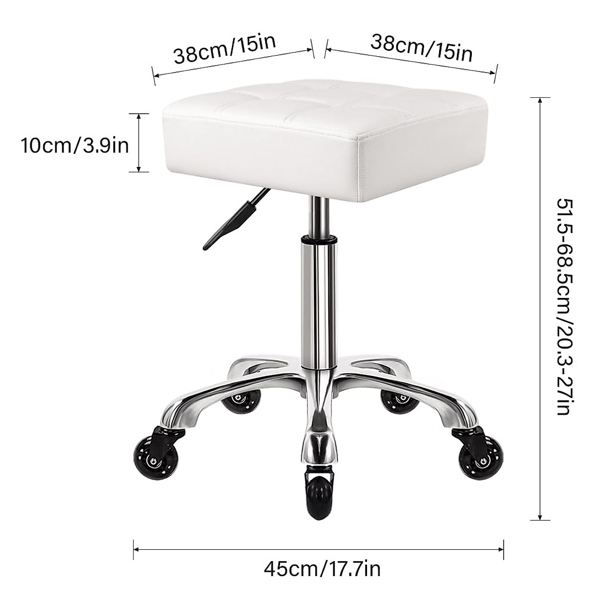 WKWKER Modern Heavy Duty Rolling Stoool Square Thick Leather Seat 360 Swivel Stool with Wheels Height Adjustable Stool Chair for Home Kitchen Drafting Lab Office Salon Massage（White）