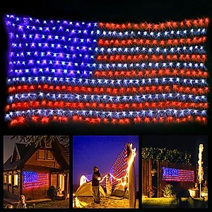 Solar American Flag String Lights - Waterproof 420 Led Solar Powered Flag Net Light for 4th of July Memorial Day Decorations Yard Garden Christmas Festival Holiday Patriotic Party Decoration Outdoor