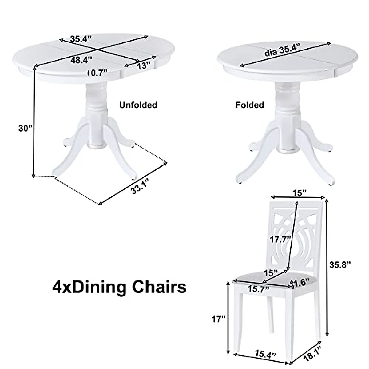 5-Piece Dining Table Set, Round Kitchen Table Set for 4, Extendable Kitchen Table Set with 4 Exquisite Upholstered Chair, Solid Wood Dining Furniture Set with Extendable Leaf for Small Places, White