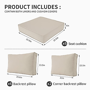 Valita Outdoor Furniture Replacement Cushions, Fits 6-seat Sectional Rattan Conversation Set, 14-Piece Patio Water-Resistant Replacement Sofa Cushions, Liner&Cover (Khaki)