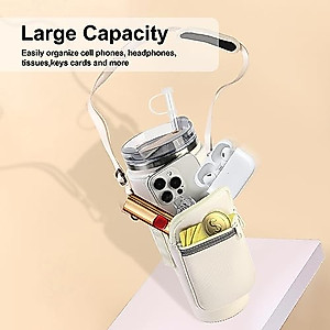 Water Bottle Holder with Strap for Stanley 40oz Tumbler with Handle, Water Bottle Carrier Bag with Phone Pocket, Tumbler Accessories for Stanley, Water Bottle Sleeve for Walking Hiking Camping(Cream)