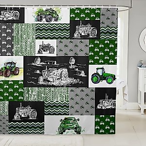 Green Tractor Bath Curtain Set 72"Wx78"L Farm Vehicle Truck Bathroom Shower Curtains With Hooks Cartoon Equipment Construction Harvester Bathtub Shower Curtain For Kids Boys Car Bathroom Decor, Grey