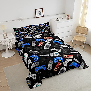 Erosebridal Teens Gamepad Bedding Set, Modern Gamer Down Comforter Full Size for Kids Boys Children Youth, Video Game Comforter Set Player Gaming Joystick Duvet Insert for Bedroom, Black Blue