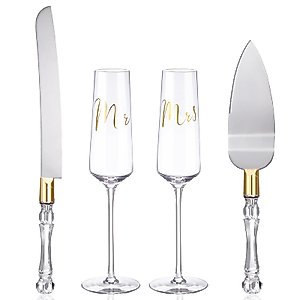4 Pieces Wedding Toasting Flutes and Cake Server Set Wedding Reception Supplies Champagne Glasses Cake Knife Pie Server (Gold,Classic)