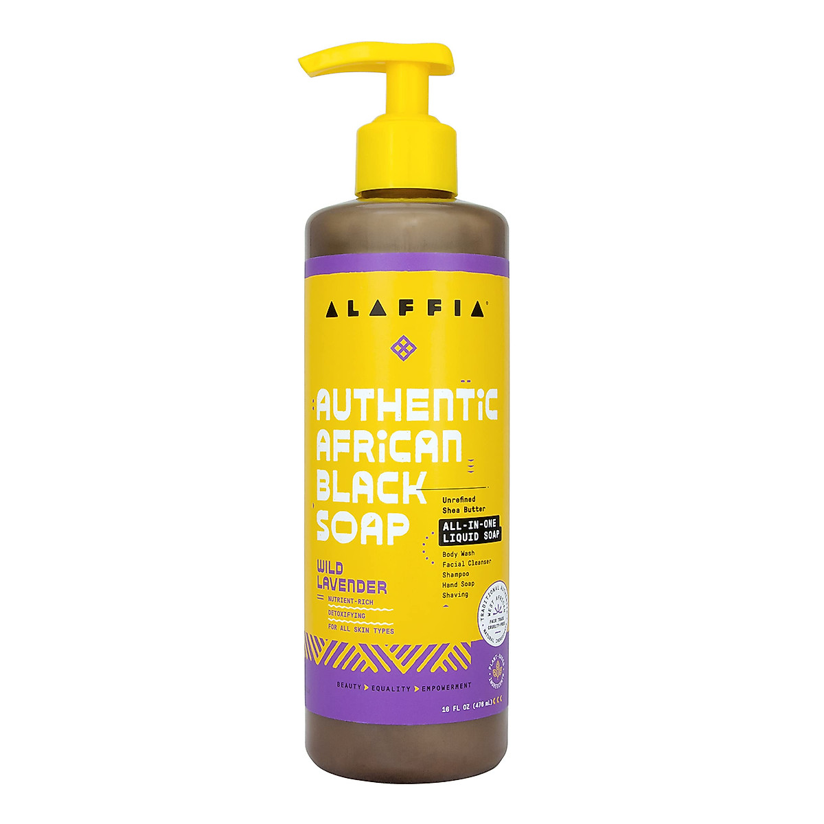 Alaffia Skin Care, Authentic African Black Soap, All in One Body Wash, Face Wash, Shampoo & Shaving Soap with Fair Trade Shea Butter, Wild Lavender, 16 Fl Oz