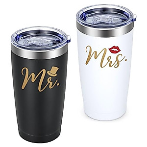 LiqCool Mr and Mrs Gifts, Wedding Gifts for Couple Wife Husband Bride Groom, Anniversary Birthday Gifts for Newlyweds, 20Oz Double Wall Vacuum Stainless Steel Tumbler Set(White & Black)