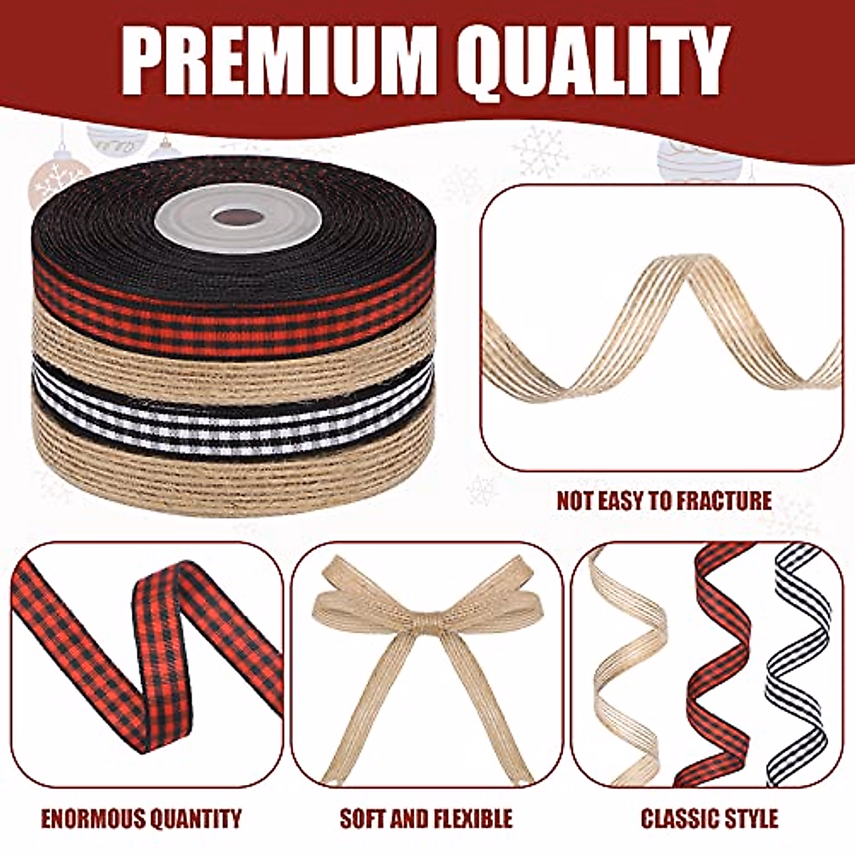 Christmas Ribbons Black Red Buffalo Plaid Fabric Ribbon Black and White Checked Gingham Ribbon 25 Yards Natural Burlap Ribbons Rustic Wrapping Ribbon for DIY Craft Party Decor (0.4 Inch)