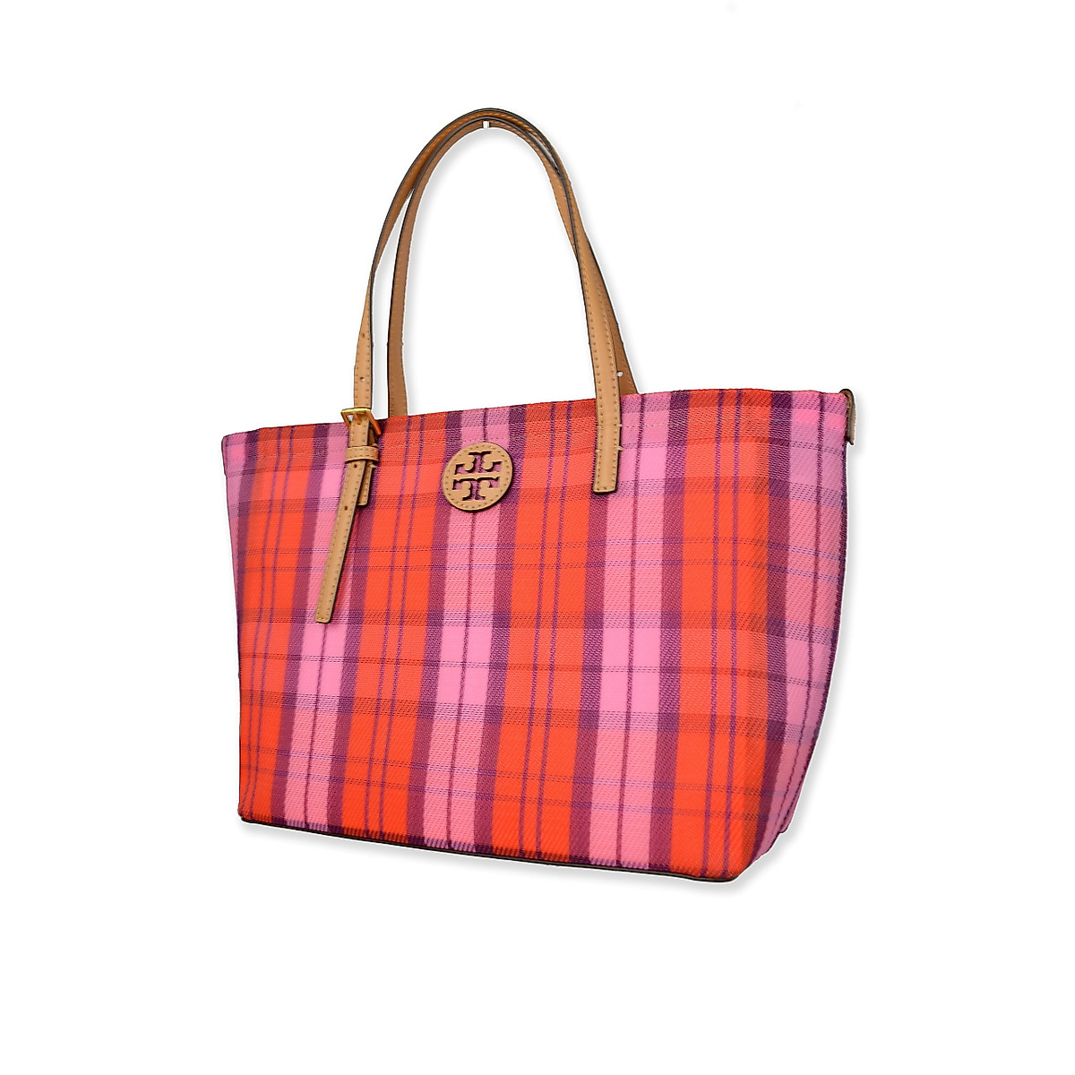 Tory Burch Womens 146732 Emerson Gold-Tone Hardware Mesh Woven E/W Market Tote Bag, (650 Pink/Red Plaid)