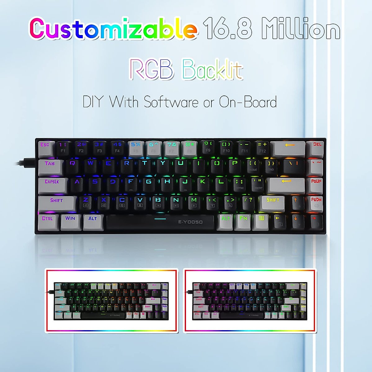 HUO JI 65% RGB Gaming Keyboard, E-YOOSO Z-686 Wired 68 Keys Mechanical Keyboard, Clicky Blue Switches, Pro Software Supported, Detachable USB-C Cable, Separate Arrow Keys - Black/Grey