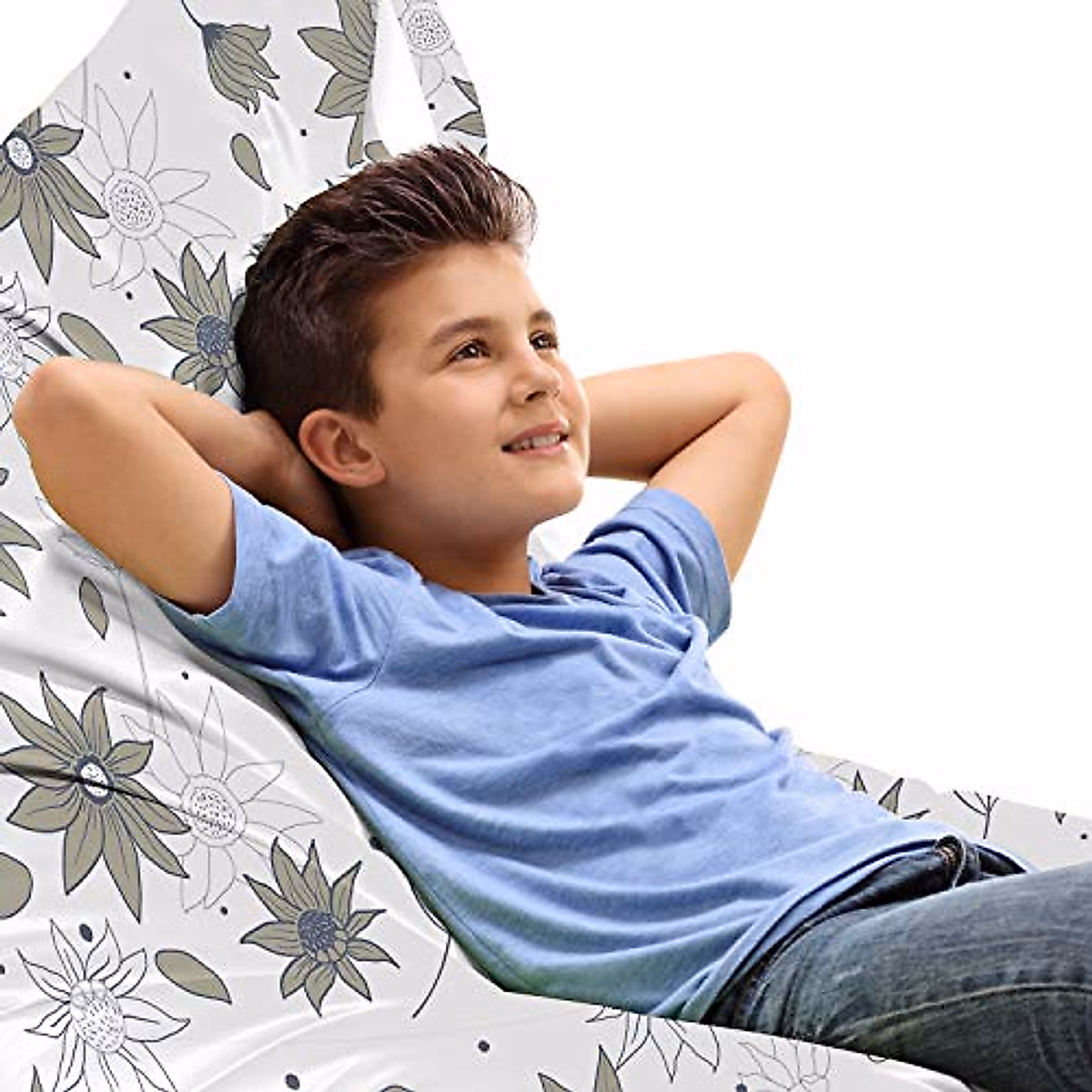 Lunarable Floral Lounger Chair Bag, Hand-Drawn Flyaway Flowers and Petals Upside Down Alignement, High Capacity Storage with Handle Container, Lounger Size, Charcoal Grey Sage Green