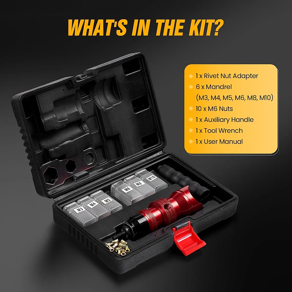 TaskStar Rivet Nut Drill Adapter Kit, Cordless Rivet Nut Tool Adapter Use with Electric Drills and Screwdriver, Rivet Gun Adapter for Drill Rivet Nut Drill Attachment with 6 Mandrels and 10 Nuts