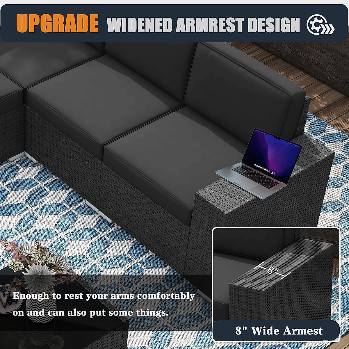 KHOLH 7 Pieces Patio Furniture Conversation Sofa Set with 44" Propane Gas Fire Pit Table, Outdoor Sectional Rattan Wicker Sofa Set