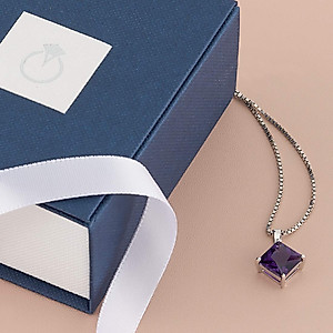 PEORA Solid 14K White Gold Amethyst Pendant for Women, Genuine Gemstone Birthstone Solitaire, Princess Cut, 8mm, AAA Grade, 2 Carats total
