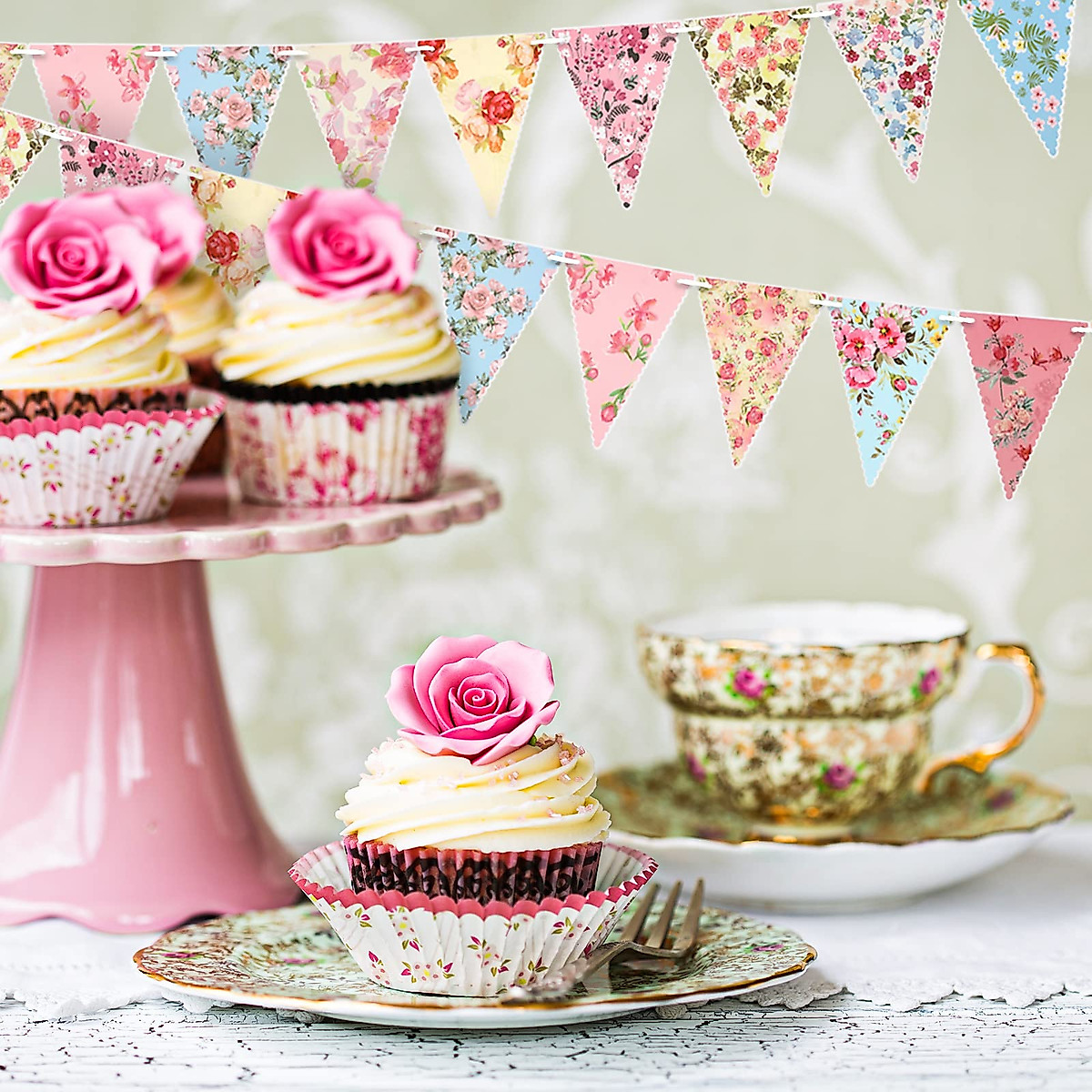 Funtery 5 Pcs Retro Bright Floral Paper Garland Chic Tea Party Garland Wildflower Garland Floral Triangle Banner for Wedding Birthday Parties Festivals Home Outdoor Hanging Decorations