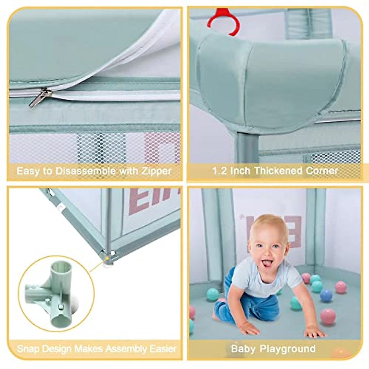 Baby Playpen, Playpen for Babies and Toddlers Indoor & Outdoor Kids Activity Center with 50 Ocean Balls Small Baby Playard Breathable Mesh Kids Safety Play Area, 47in x 47in (Green)