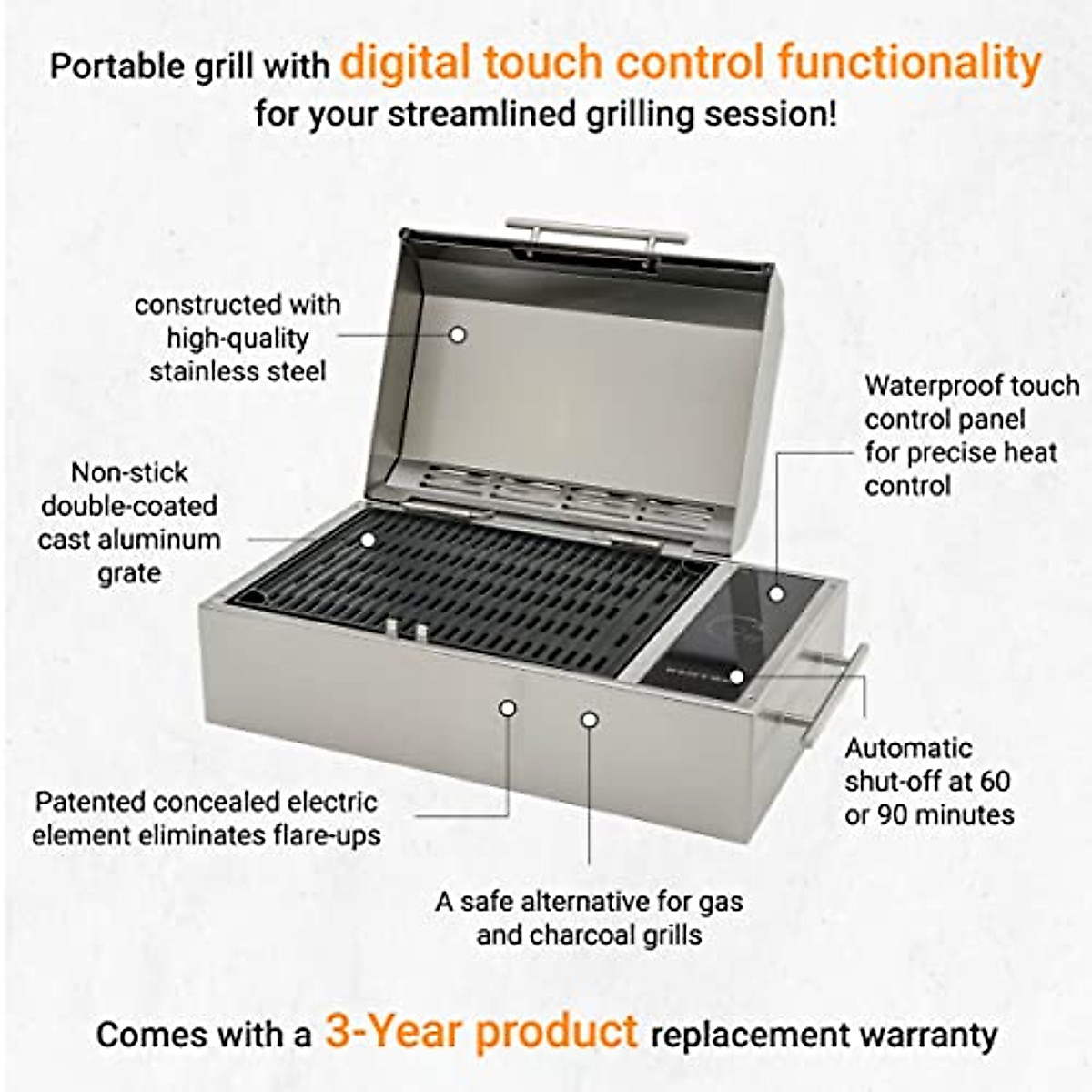 Kenyon Frontier Portable Electric Grill, Waterproof Digital Touch Control, UL-Approved For Indoor And Outdoor Use, Stainless Steel, Rust-Proof Grill, Quick Heat Up, Dishwasher Safe, 120V