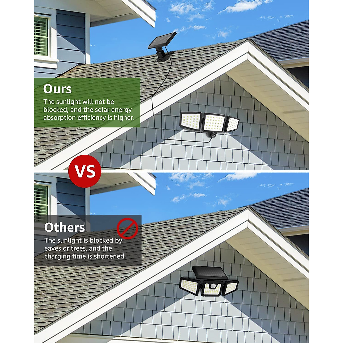 Solar Lights for Outside, WL5000 Motion Activated Security Lights, Separate Solar Panel, 3 Adjustable Head 270° Wide Lighting Angle, IP65 Waterproof Wall Lamp for Porch Yard Garage, 2 Packs