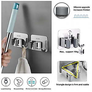 Mop Broom Holder No Drill StainlessSteel, Mop Broom Organizer Wall Mounted Heavy Duty with Hooks Hanger,Anti-Slip Adhesive Hook Broom Holder Wall Mount，Self Adhesive 4Pcs for Bathroom, Kitchen, Office