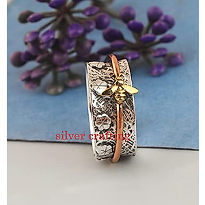 Honey Bee Spinner 925 Sterling Silver Meditation Ring Beautiful Flower Design Handmade Vintage Silver Spinner Ring (12.5)