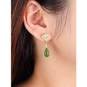 BETHZA Green Jade Earrings 925 Sterling Silver Gold Plated Teardrop Jade Dangle Earring Chinese Style Fan Drop Earring Jewelry Gifts for Women