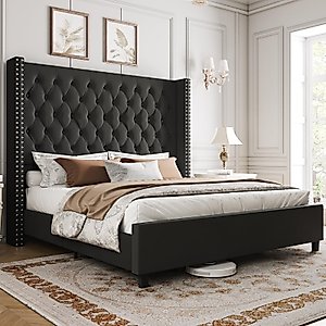 PaPaJet King Size Bed Frame 61.4" Tall Headboard Upholstered Velvet Platform Bed with Handmade Deep Button Tufted/No Box Spring Required/Black