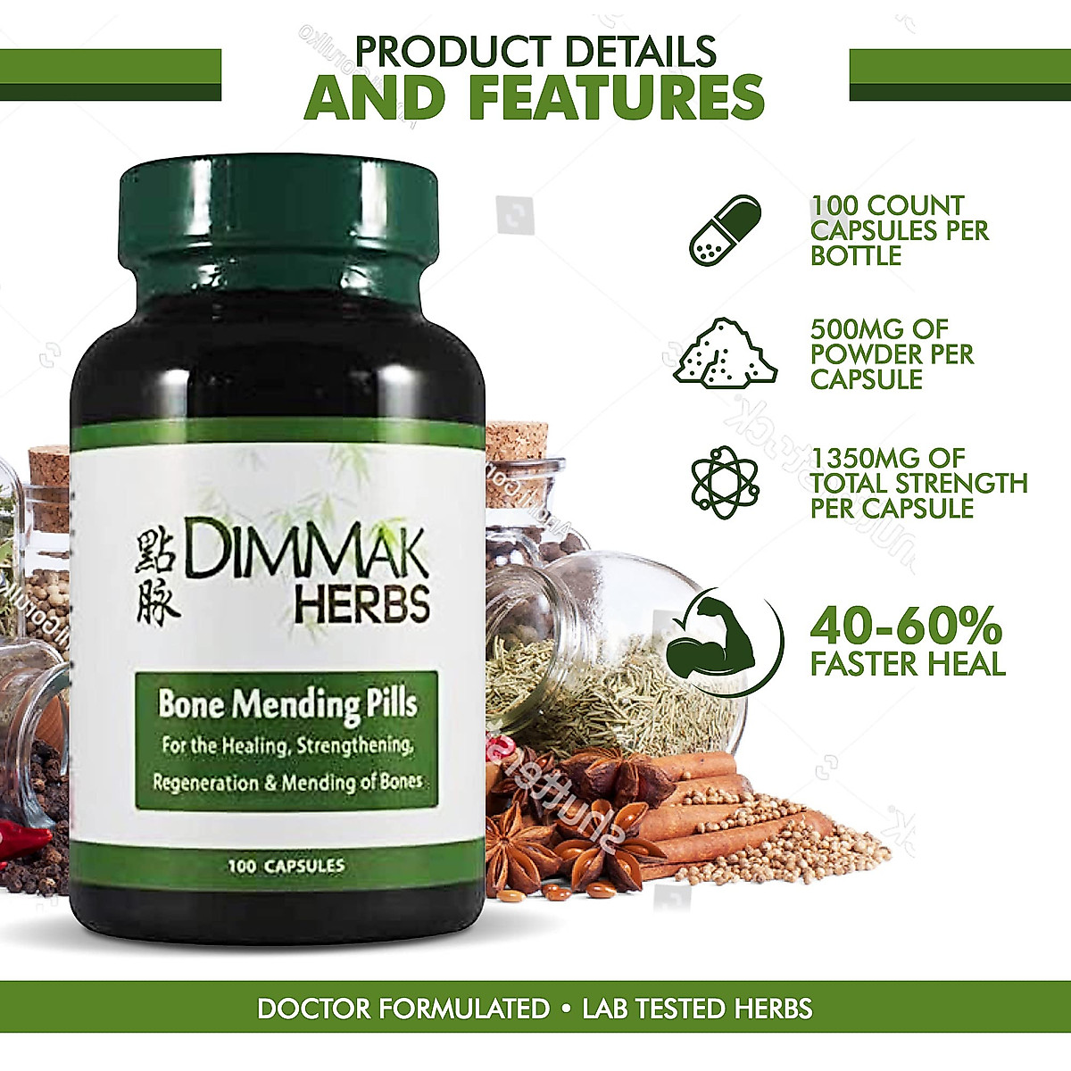 Certified Organic Bone Mending Pills by Dimmak Herbs, Bone Fracture Healing Supplement, Bone Strengthening Pills, Chinese Medicine Herbs - 100 caps 500mg