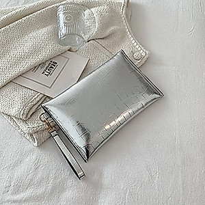 Women Wallet Fashion Alligator Pattern Envelope Clutch Handbag Solid Evening Bag, Silver, 21 x 18 x 5cm