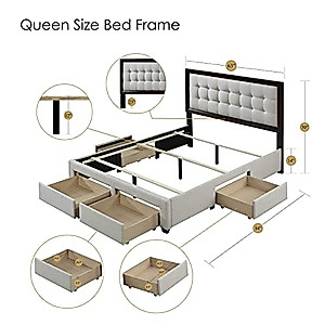 DG Casa Soloman Upholstered Panel Bed Frame with Storage Drawers and Square Tufted Wood Trim Headboard-Queen Size in Beige Fabric