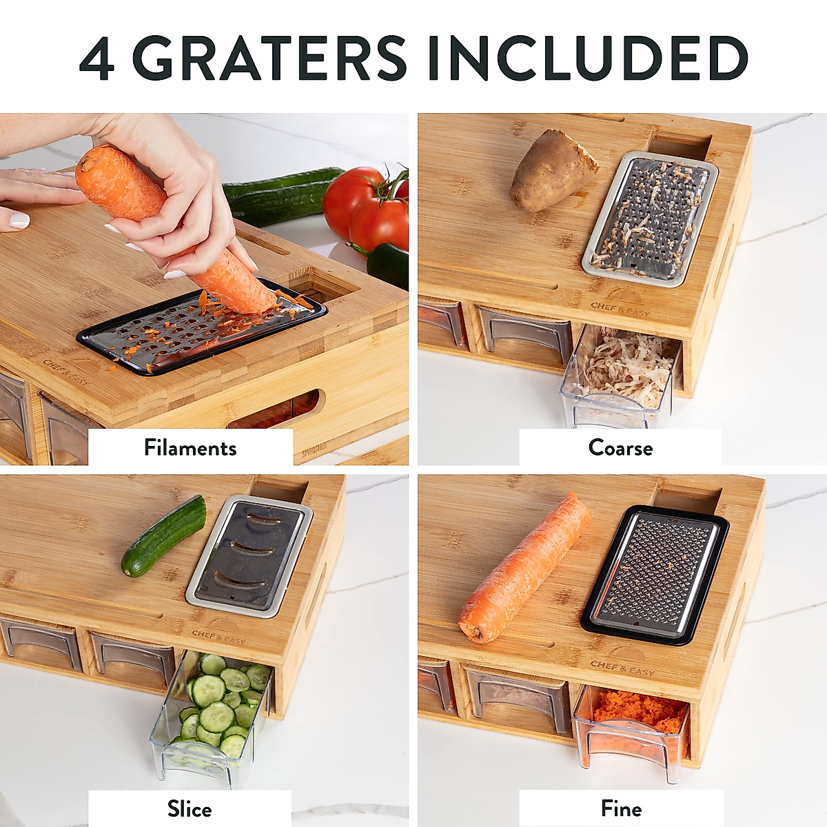 Chopping Board with Storage and Food Prep Station - Meal Prep Station, Bamboo Cutting Board with Juice Grooves, Four Containers & Assorted Graters