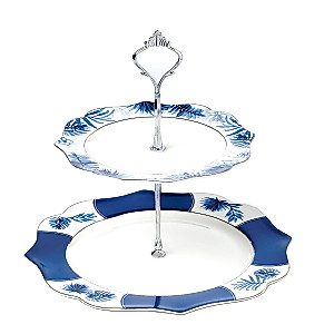 Linlins Fine Bone China 2-Tier Cake Stand/Blue Tropical Plant Cupcake Stand/Pastry Serving Cake Stand