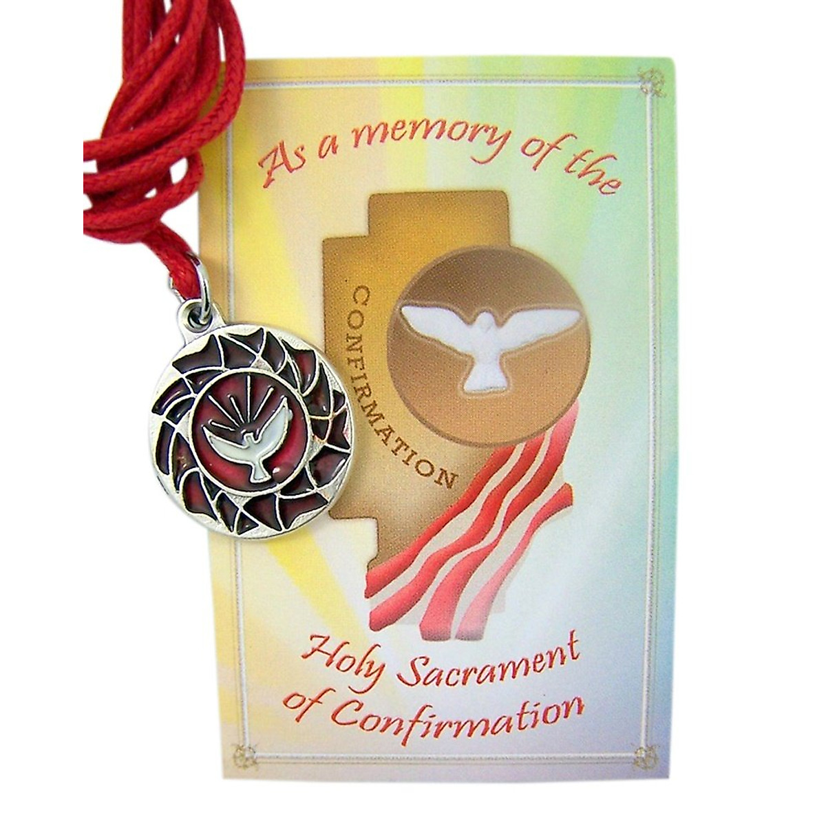 Religious Jewelry Silver Tone Red Enameled Holy Spirit Dove Confirmation Pendant on Red Cord, 3/4 Inch