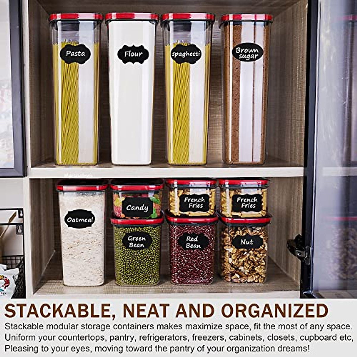 Kanuusiz Airtight Food Storage Containers Set -12 pack, BPA-Free Crystal Clear Kitchen Pantry Organization and Storage Containers with Durable Lids for Pasta, Snacks, Cereal, Flour, Sugar Storage