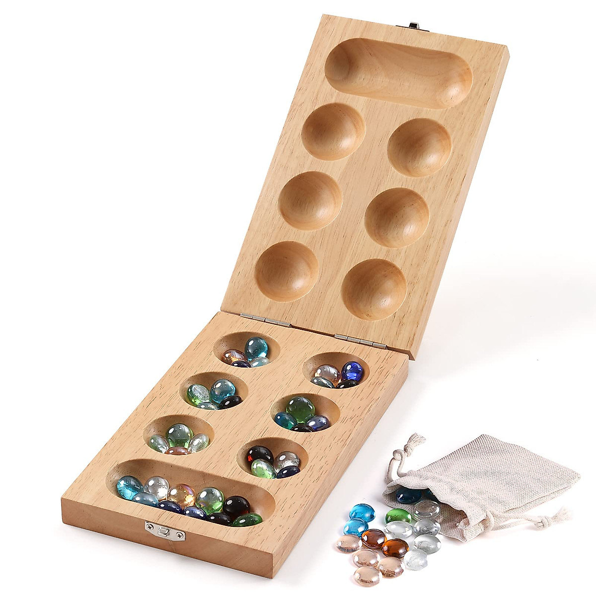 Ceebyfa Mancala Board Game for Kids, Adults & Family. Includes Folding Rubber Wood Board, 48+10 Mancala Stones & Instruction. Classic & Portable Marble Game for Travel.(Natural Color)