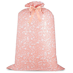Jaywayang Extra Large Plastic Gift Bag, Jumbo Baby Girl Gift Bag with Ribbon and Tag for Birthday, Baby Shower Giant Gifts Wrapping (60" Pink)