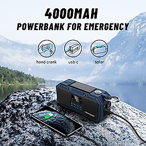 Emergency Radio 10W IPX5 Waterproof Bluetooth Speaker,Portable Digital AM FM Radio with Flashlight/Strobe Light,3 Mode Reading Lamp,Hand Crank WB NOAA Weather Solar Radio,4000mAH Cell Phone Charger