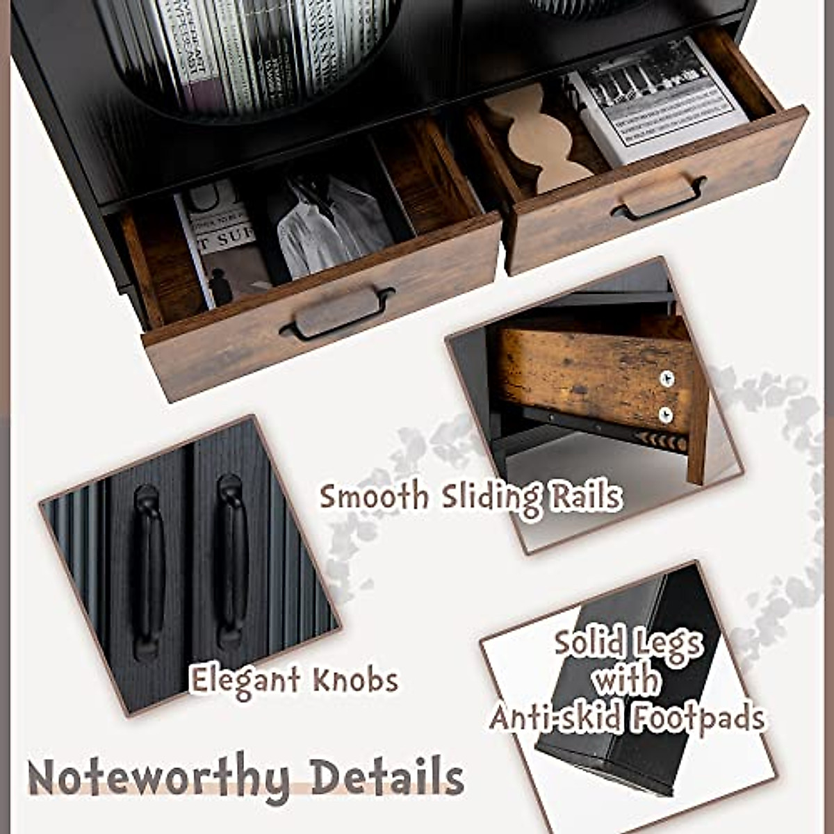 LOKO Buffet Cabinet with Storage, Kitchen Sideboard Cabinet with Tempered Glass Doors and Drawers, Industrial Style Cupboard Credenza Storage Cabinet, 31.5 x 16 x 39.5 inches