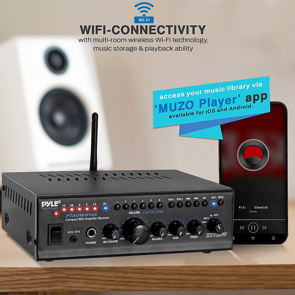 Pyle WiFi Stereo Amplifier Receiver Home Theater Audio System Wireless Bluetooth AUX MP3 Music Streaming 1/4'' Input & Microphone Paging/Mixing Control 240 Watt (PTAUWIFI46) Black