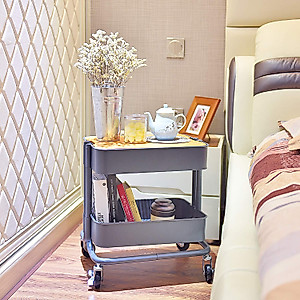 2-Tier Metal Utility Rolling Cart Storage Side End Table with Cover Board for Office Home Kitchen Organization, Dark Gray