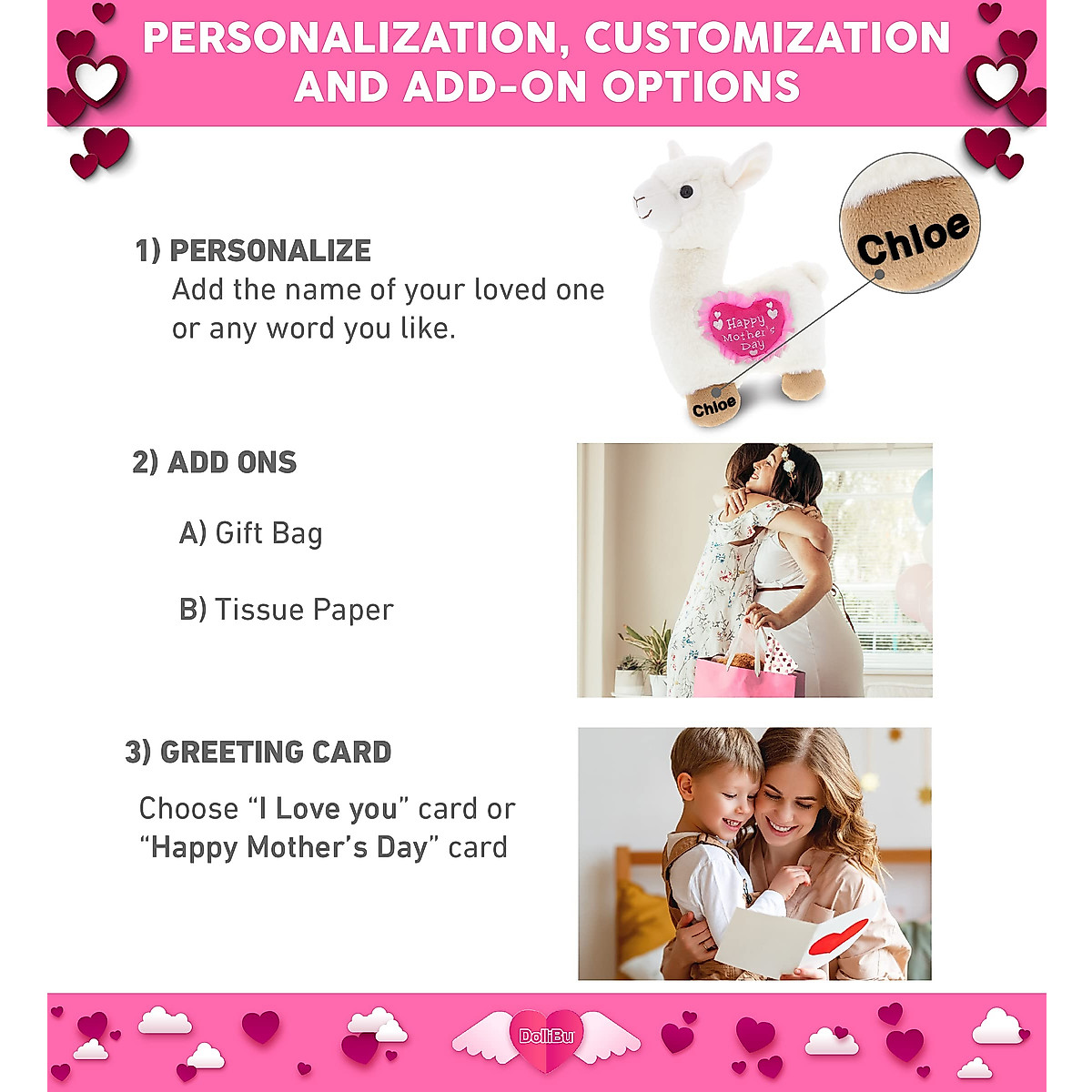 DolliBu Happy Mother's Day Super Soft Plush White Llama Figure - Cute Stuffed Animal with Pink Heart Message for Best Mommy, Grandma, Wife, Daughter - 9" Inches