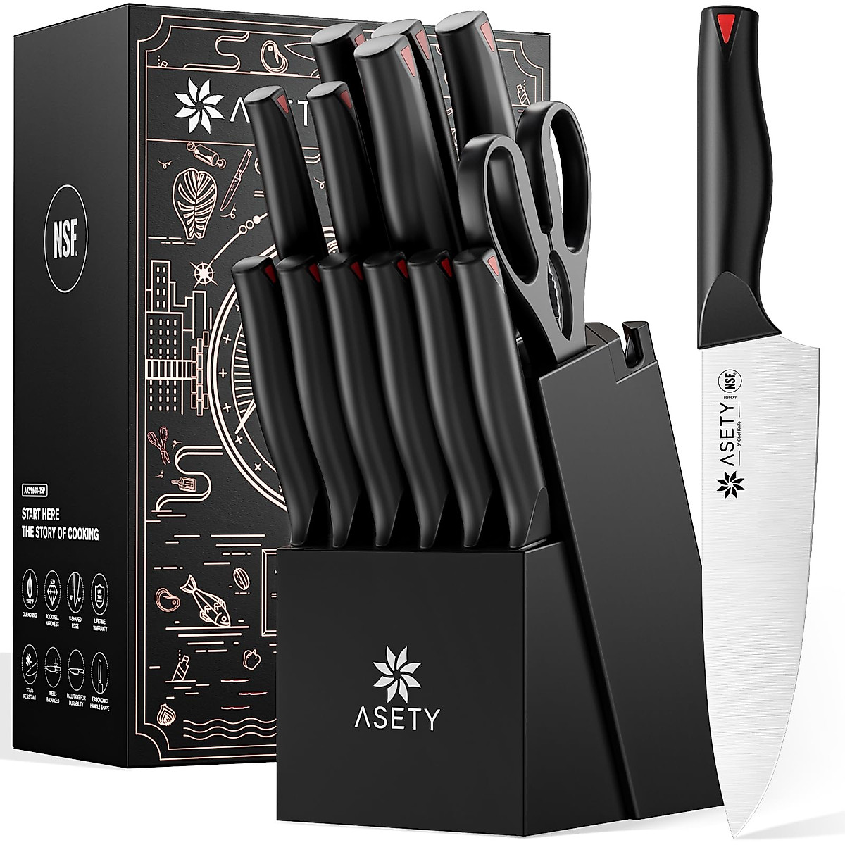ASETY Knife Set, 15 PCS Kitchen knife Set with Bulti-in Sharpener Block, High Carbon Stainless Steel Knife Block Set, NSF Food Safe, Dishwasher Safe Knife Sets for Kitchen, Black, Gift Box