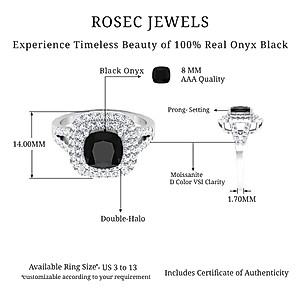Natural Black Onyx 8MM Cushion Cut Engagement Ring, Black Onyx Double Halo Ring - AAA Quality with Certificate, 14K Yellow Gold, Size:US 12.50
