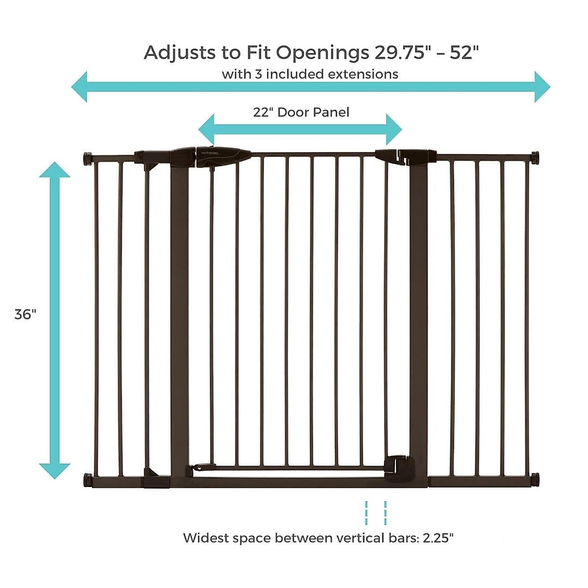 Toddleroo by North States Riverstone Extra Tall & Wide Self-Closing Baby Gate with Door. Pressure Mounted Baby Gates for Doorways, Child Gate Fits Openings 29.75” to 52” Wide. (36" Tall, Graphite)