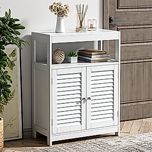 Tangkula Bathroom Storage Floor Cabinet, Free Standing Storage Cabinet with Double Shutter Doors and 3-Position Adjustable Shelves, Wooden Storage Cabinet Organizer for Bathroom, Living Room (White)