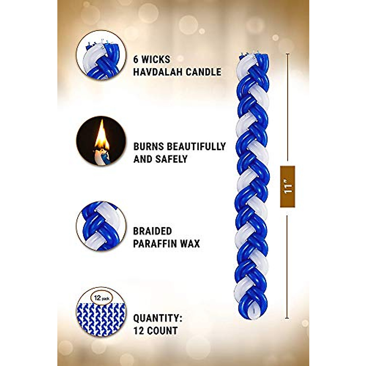 Ner Mitzvah Braided Havdalah Candle - 12-Pack Flat Blue and White Paraffin Wax - Handcrafted Havdallah Candle - Shabbat Judaica Gift