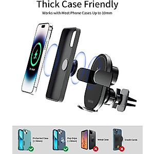 KPON Wireless Charger for Car - Auto Clamping Car Phone Holder Mount Wireless Charging - Dashboard Air Vent Wireless Car Charger Compatible with Popsocket/Otterbox/Thick Cases up to10mm