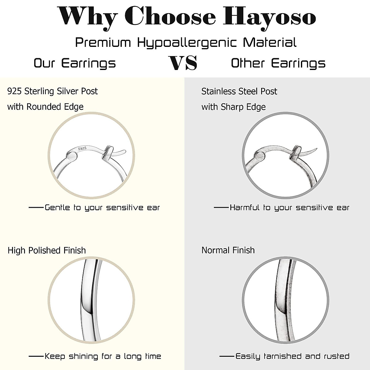 Hayoso 18K Gold Plated Hoop Earrings - 925 Sterling Silver Hoop Earrings Womens Hypoallergenic Hoops | Square Tube Hoop Earrings for Women 15mm/20mm/30mm/40mm (Silver 30mm)