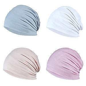 PoemLife Summer Cotton Thin Beanies Soft Stretch Hip-Hop Sleep Caps for Men Women(4 Pack Gray & White & Beige & Light Pink)