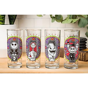 Silver Buffalo Disney Tim Burton Nightmare Before Christmas Day of the Dead Design 4 Pack Tumbler Glass Set, 10 Ounces