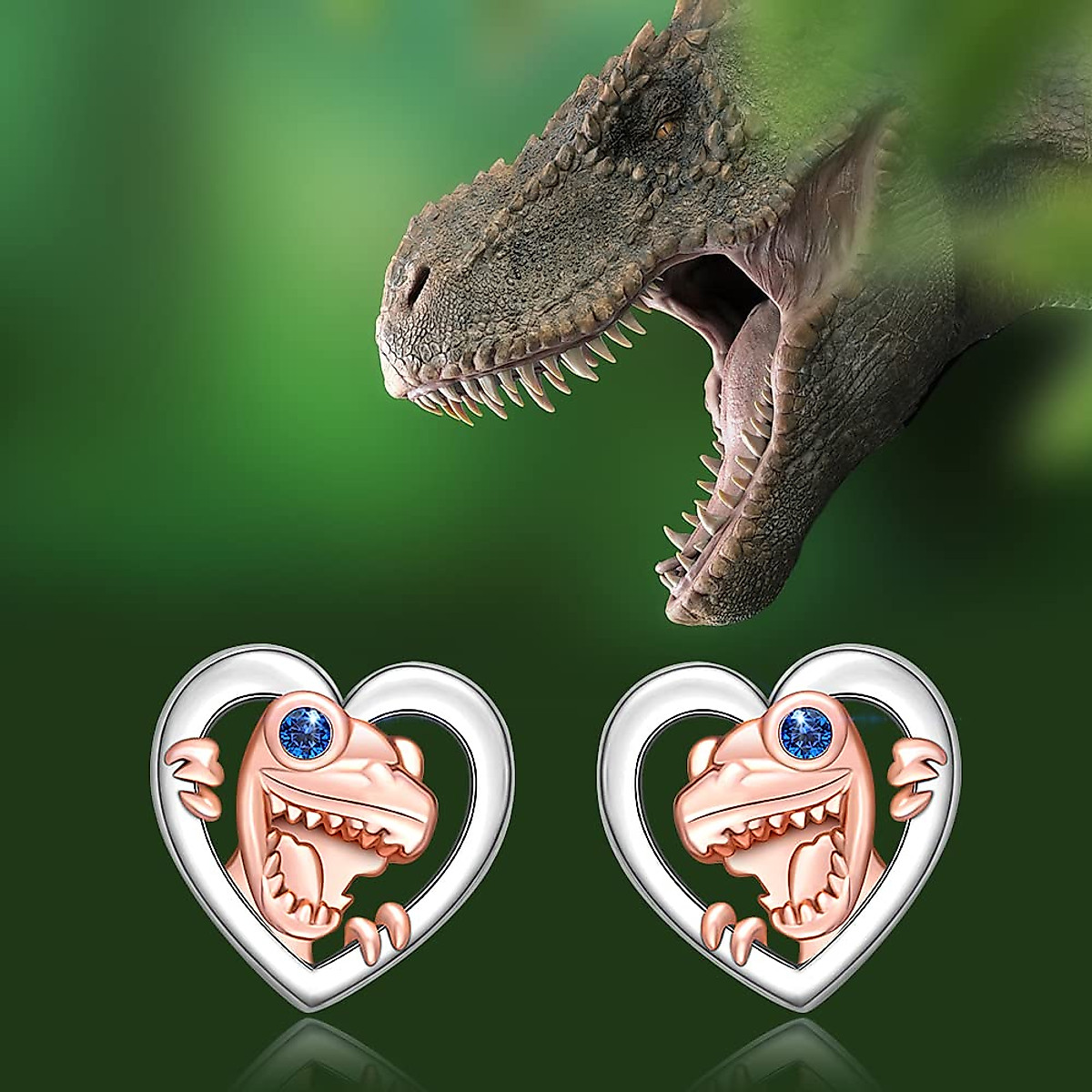 Heart Dinosaur Earrings Sterling Silver Studs for Cute Crystal Sapphire Jewelry Women's Statement Hypoallergenic Animal Valentine Gift